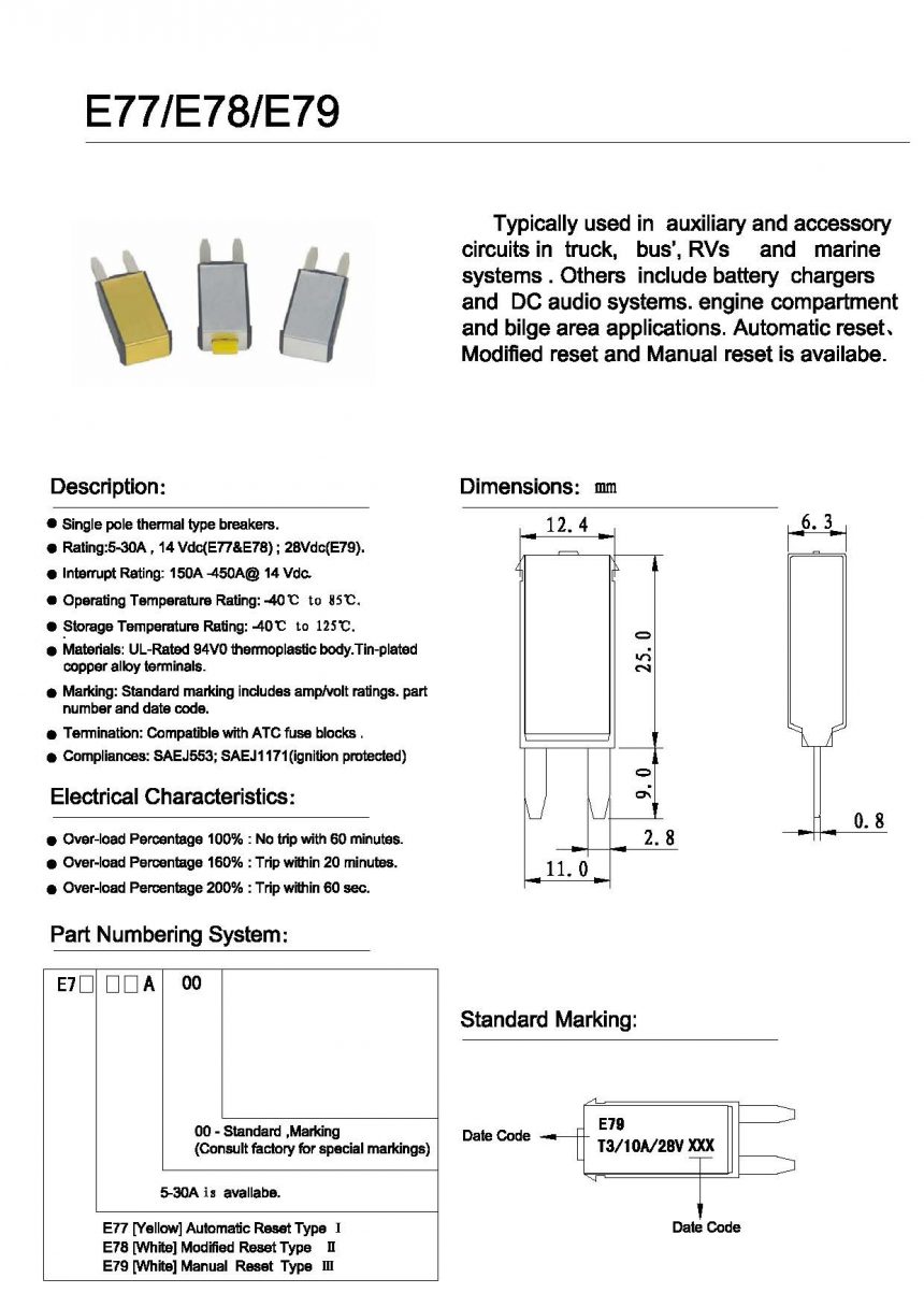ATM 自动复位速动迷你断路器 E31 E32 5A ~ 30A 14V 28V - 温度感应器, 热敏开关和保险丝, 恒温器供应商